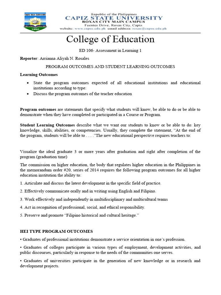 Ed 106 Program Outcomes SLO | PDF | Learning | Teacher Education