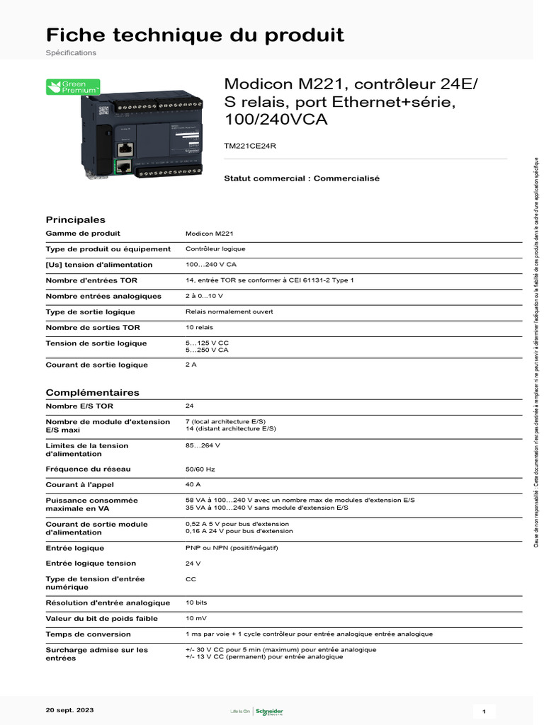 Fiche technique Modicon M221 TM221CE24R | PDF | Entrée/Sortie ...