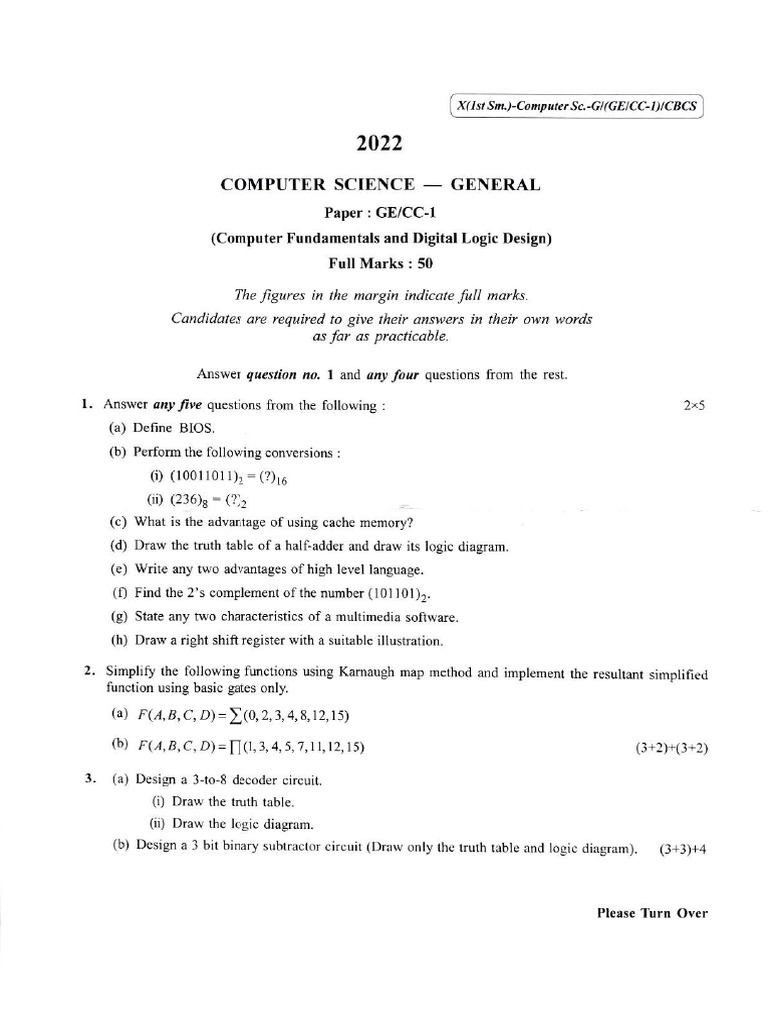 CU-2022 B.Sc. (General) Computer Science Semester-1 Paper-CC1-GE1 QP | PDF | Logic Gate ...