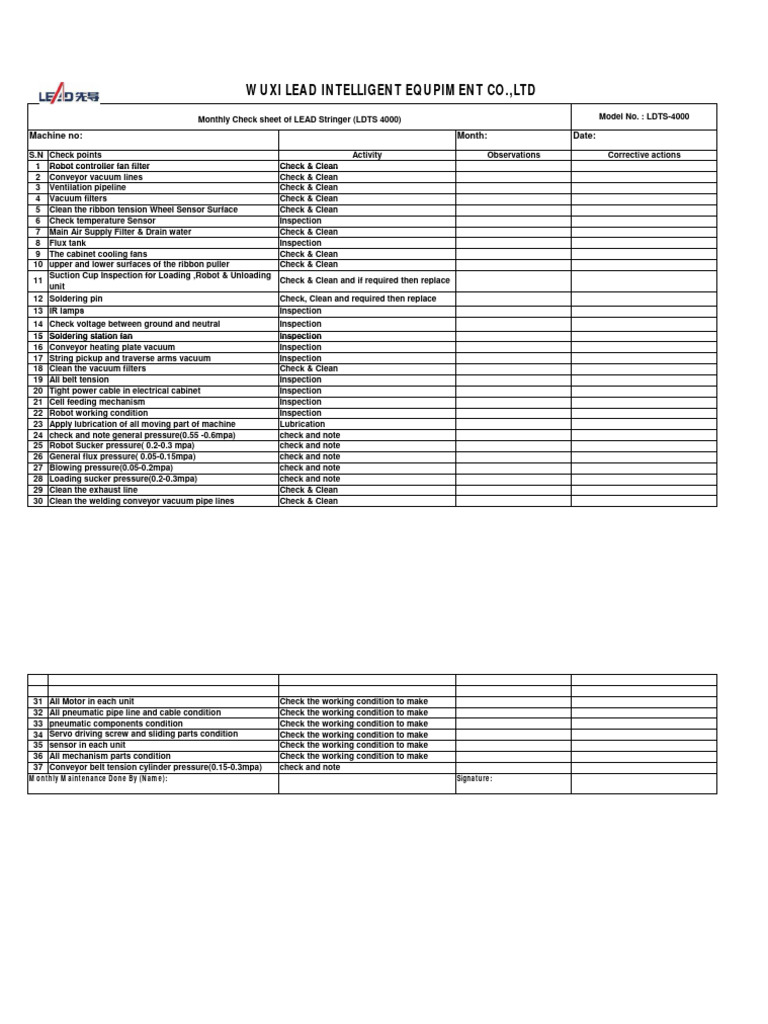Lead Stringer Monthly Check List | PDF | Soldering | Vacuum Cleaner