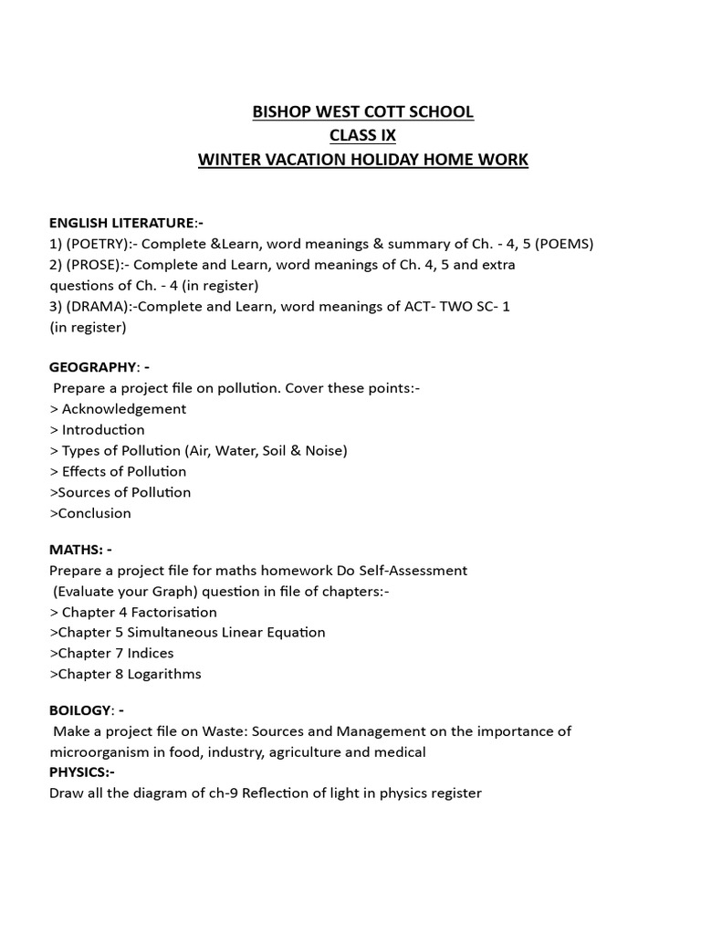 Winter Vacation Holiday Homework. Ix 2024-1 | PDF