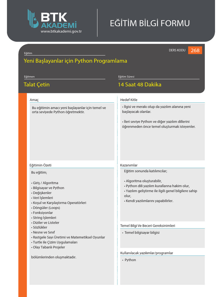 Yeni Ba - Layanlar Için Python Programlama Egitim Bilgi Formu | PDF