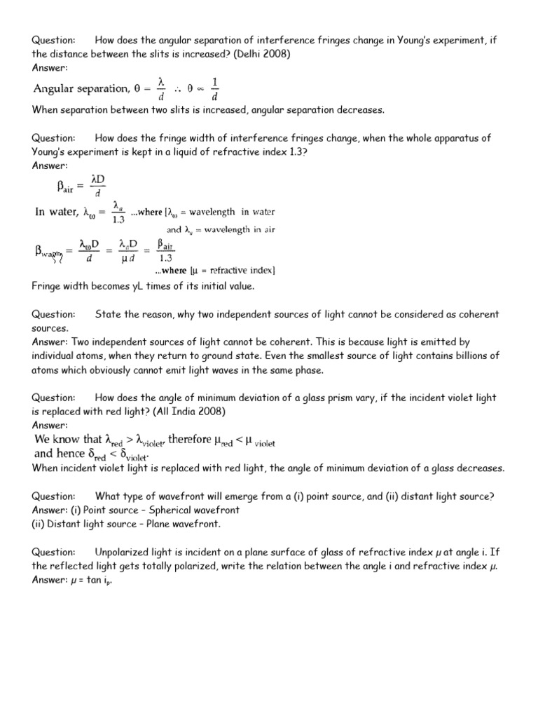 Wave Optics Questions | Download Free PDF | Diffraction | Coherence ...