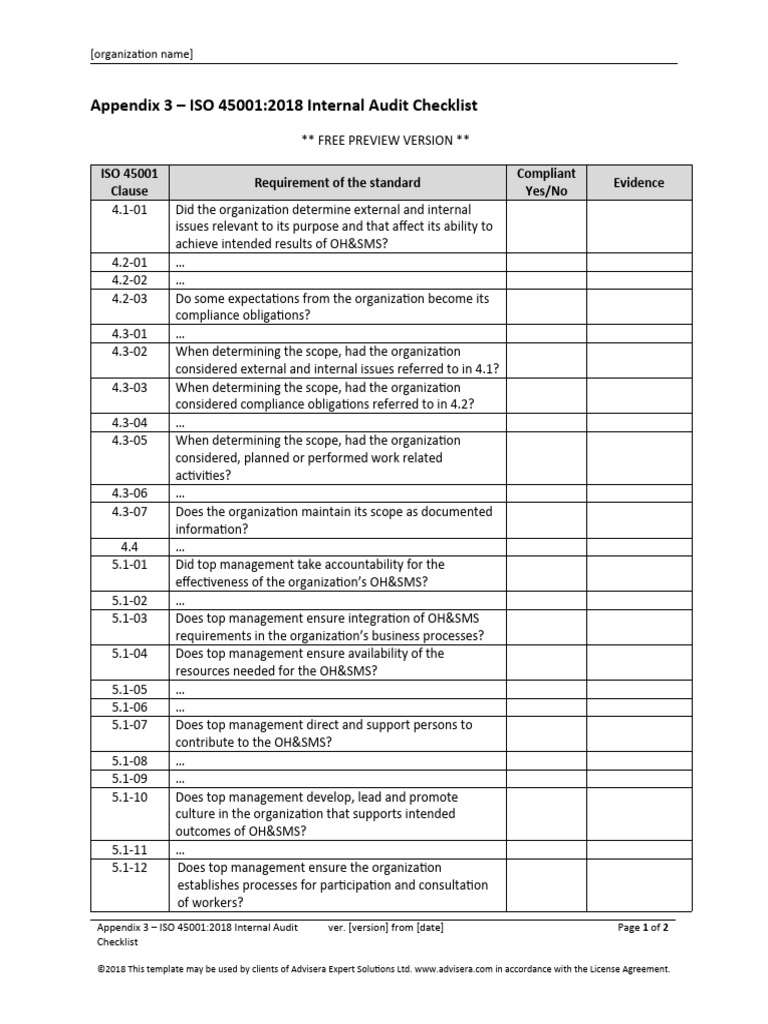 21.3 Appendix 3 ISO 45001 2018 Internal Audit Checklist Integrated ...