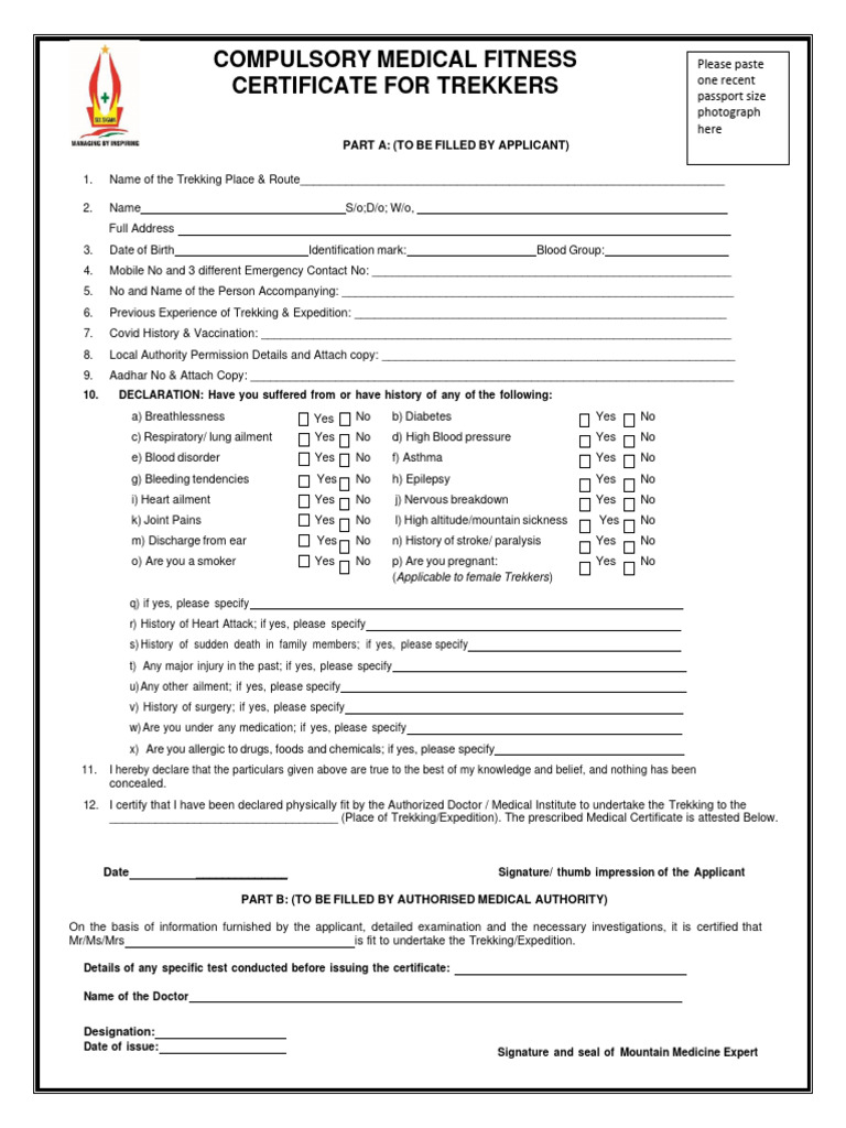Medical Fitness Certificate For Trekkers | PDF | Diseases And Disorders | Medical Specialties