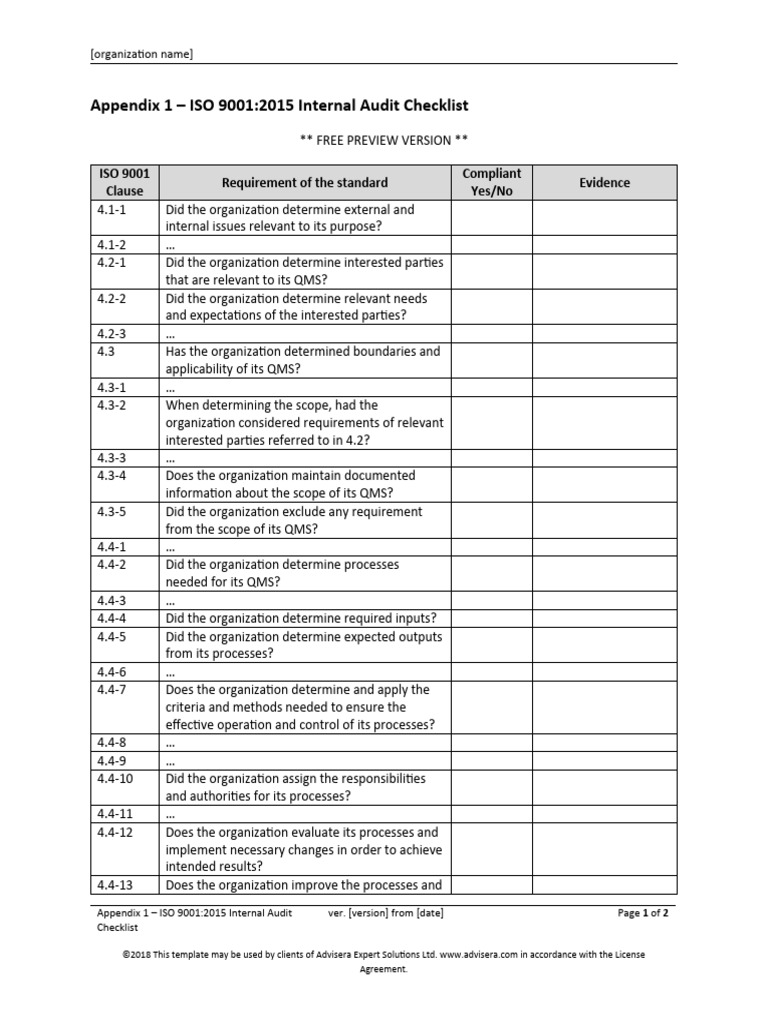 21.1 Appendix 1 ISO 9001 2015 Internal Audit Checklist Integrated Preview EN | Download Free PDF ...
