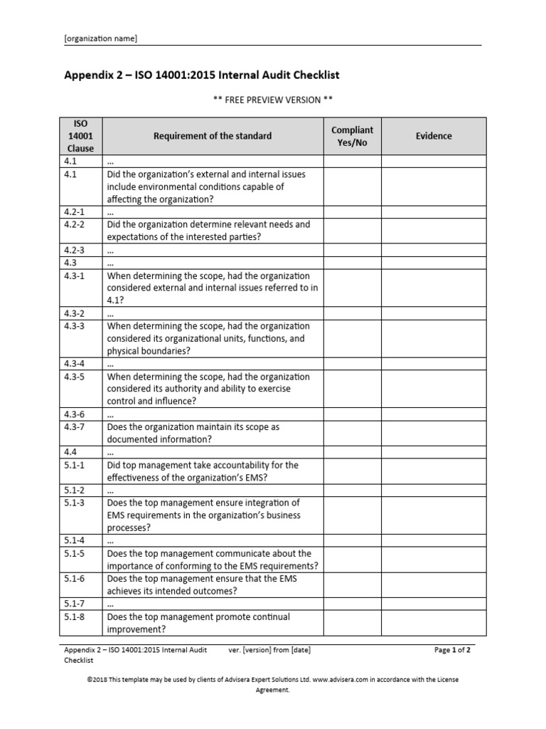 21.2 Appendix 2 ISO 14001 2015 Internal Audit Checklist Integrated ...