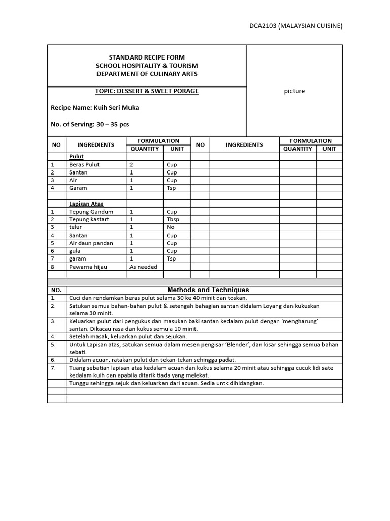 Standard Recipe Form Topic Dessert | PDF