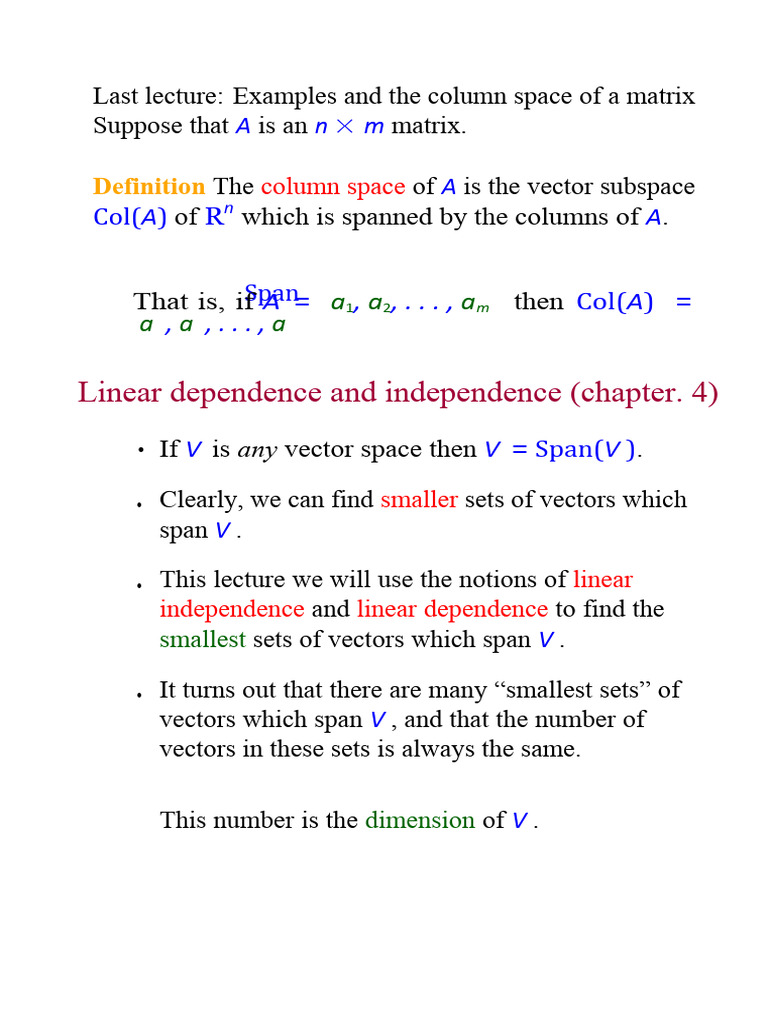 Linear Dependence and Independence (Chapter. 4) : Column Space | PDF | Linear Map | Vector Space