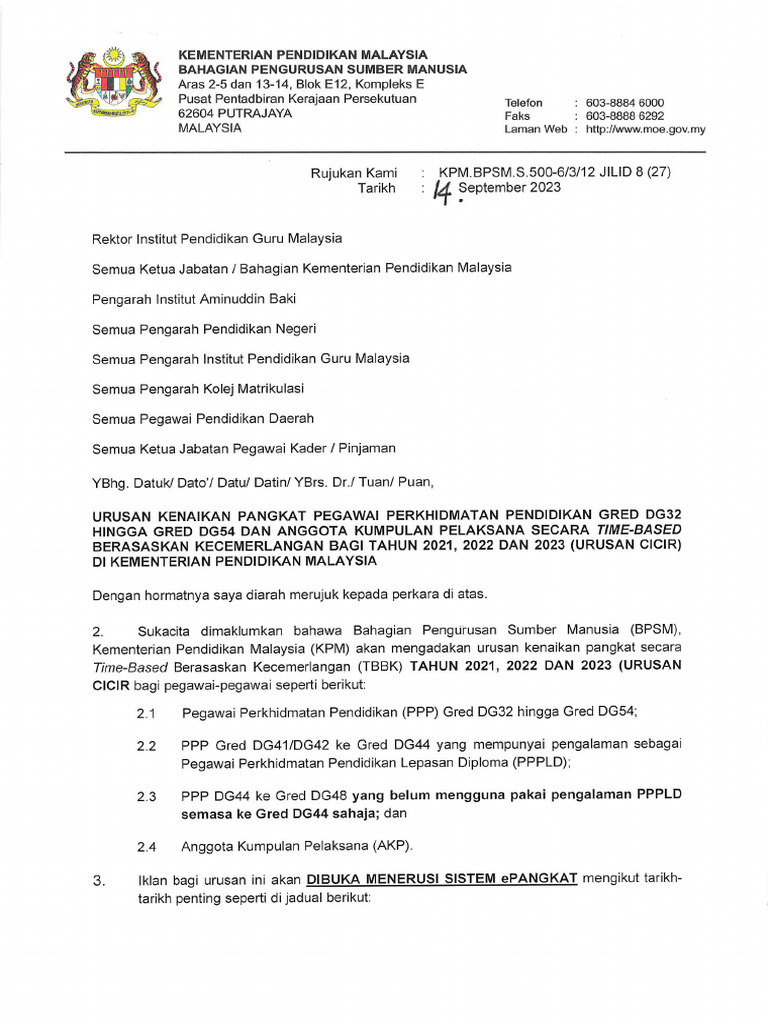 Surat Siaran Urusan Kenaikan Pangkat Secara TBBK PPP Dan AKP 2023 (Cicir) | PDF