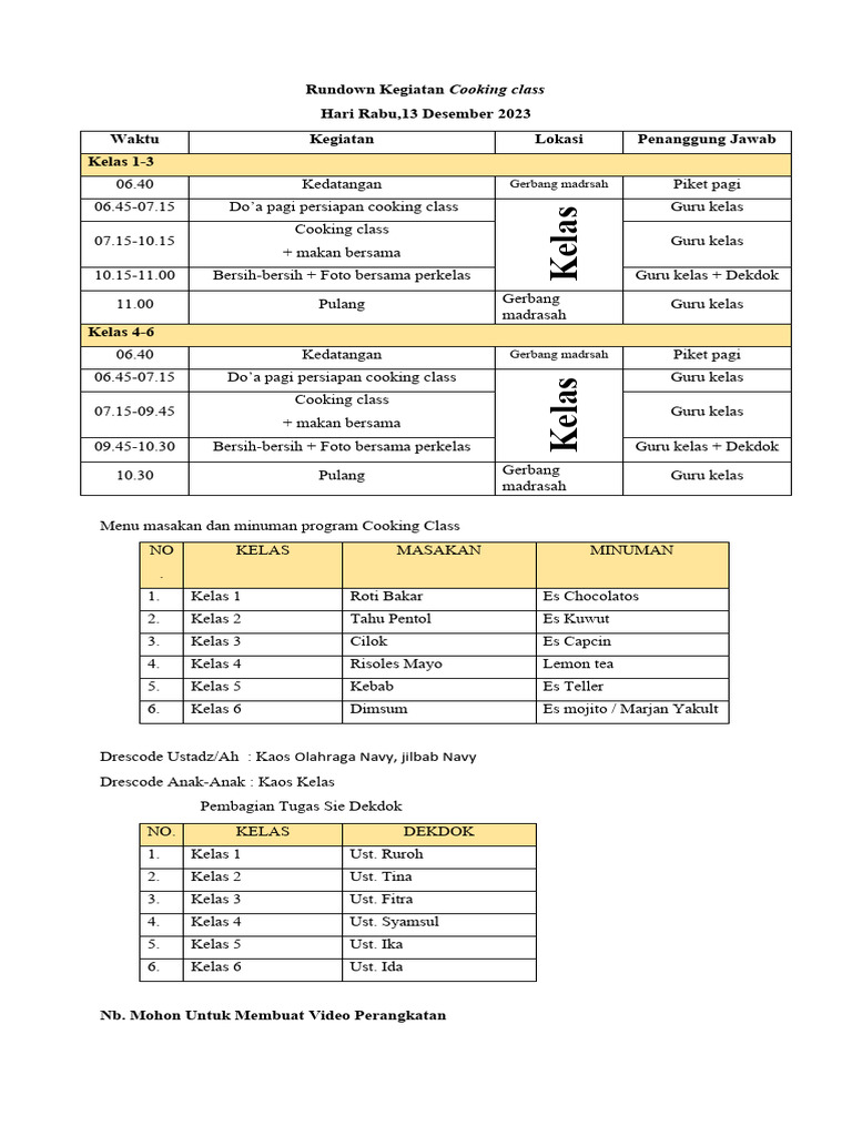 Rundown Kegiatan Cooking Class Anak | PDF