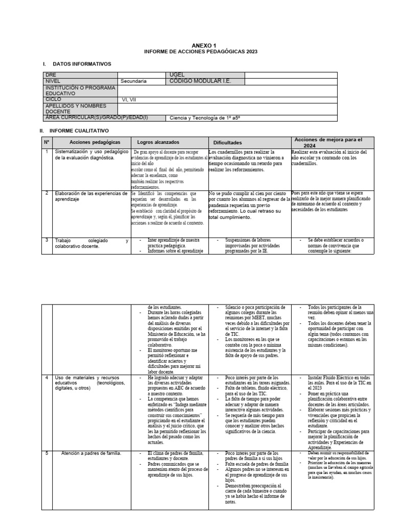 Informe ACCIONES PEDAGÓGICAS | PDF | Evaluación | Aprendizaje