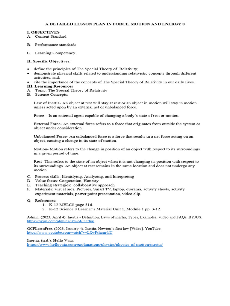 Special Relativity Lesson Plan | PDF | Force | Theory Of Relativity