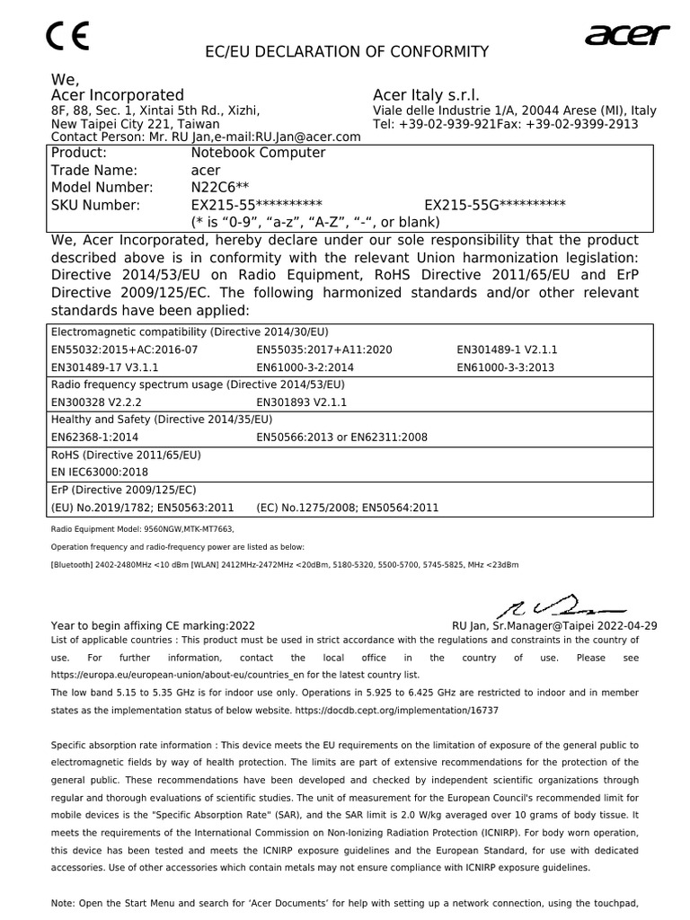 CE DoC - Acer - 1.0 - A - A | PDF | Electronics | Electrodynamics