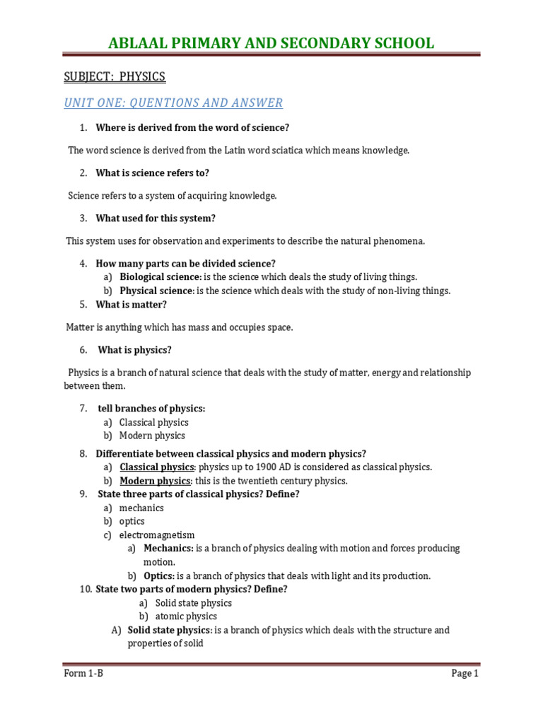 Form 1 Physics Questions & Answers | PDF