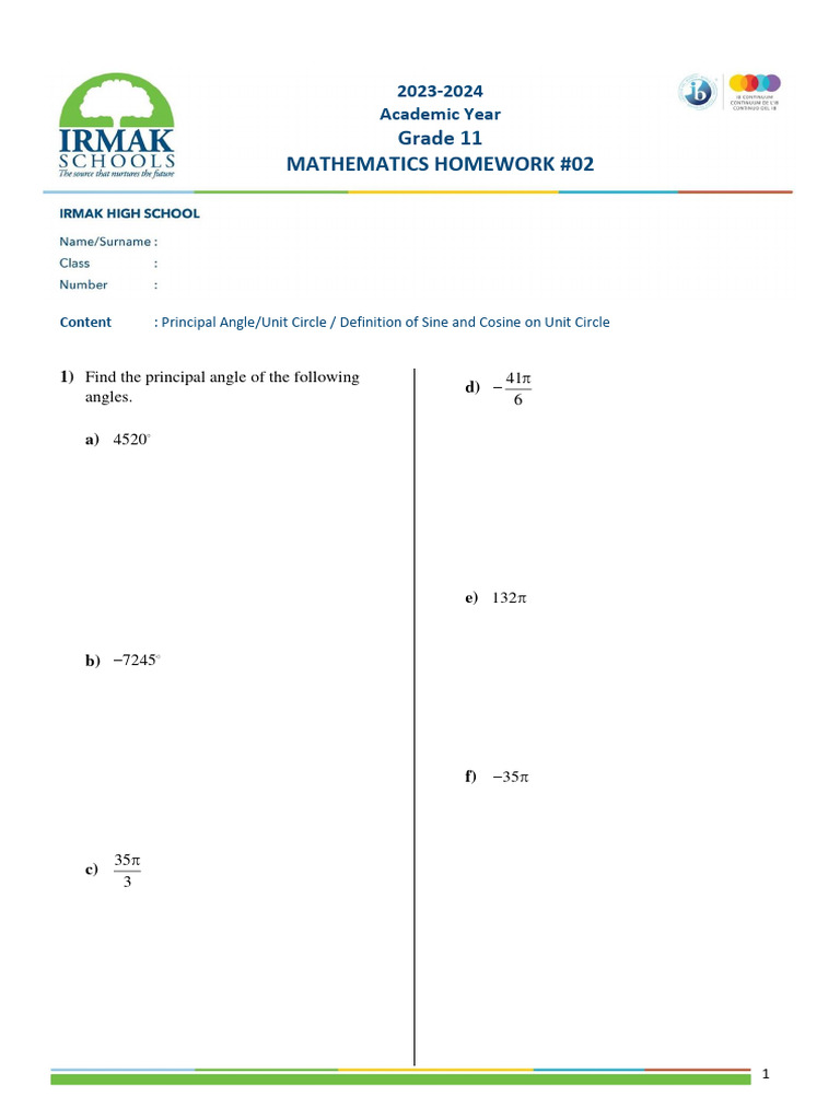 HOMEWORK 02 Principal Angle Unit Circle Definition Of Sine And