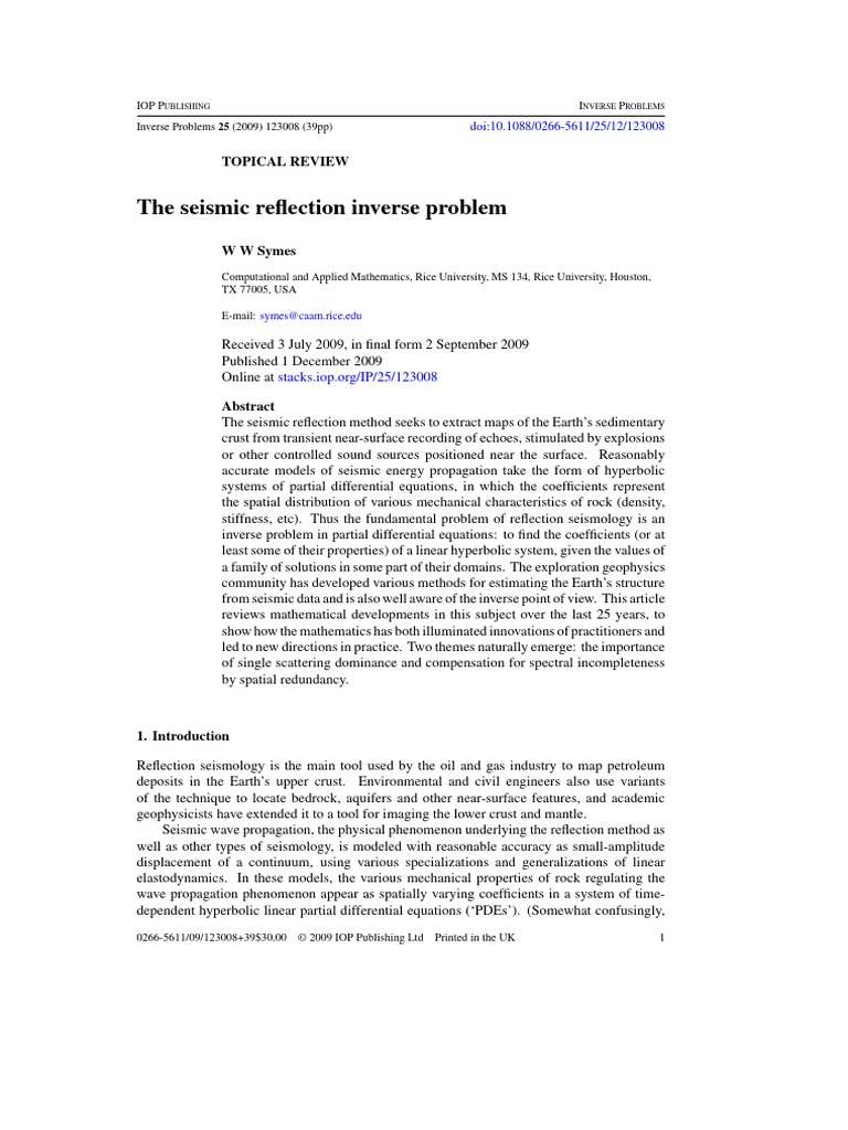 Symes - 2009 - The Seismic Reflection Inverse Problem | PDF | Inverse ...