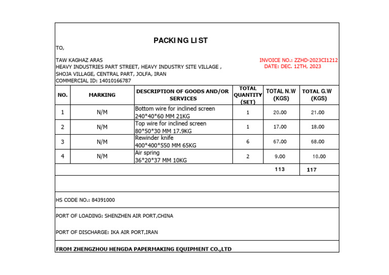 Packing List: NO. Marking Description of Goods And/Or Services Total ...