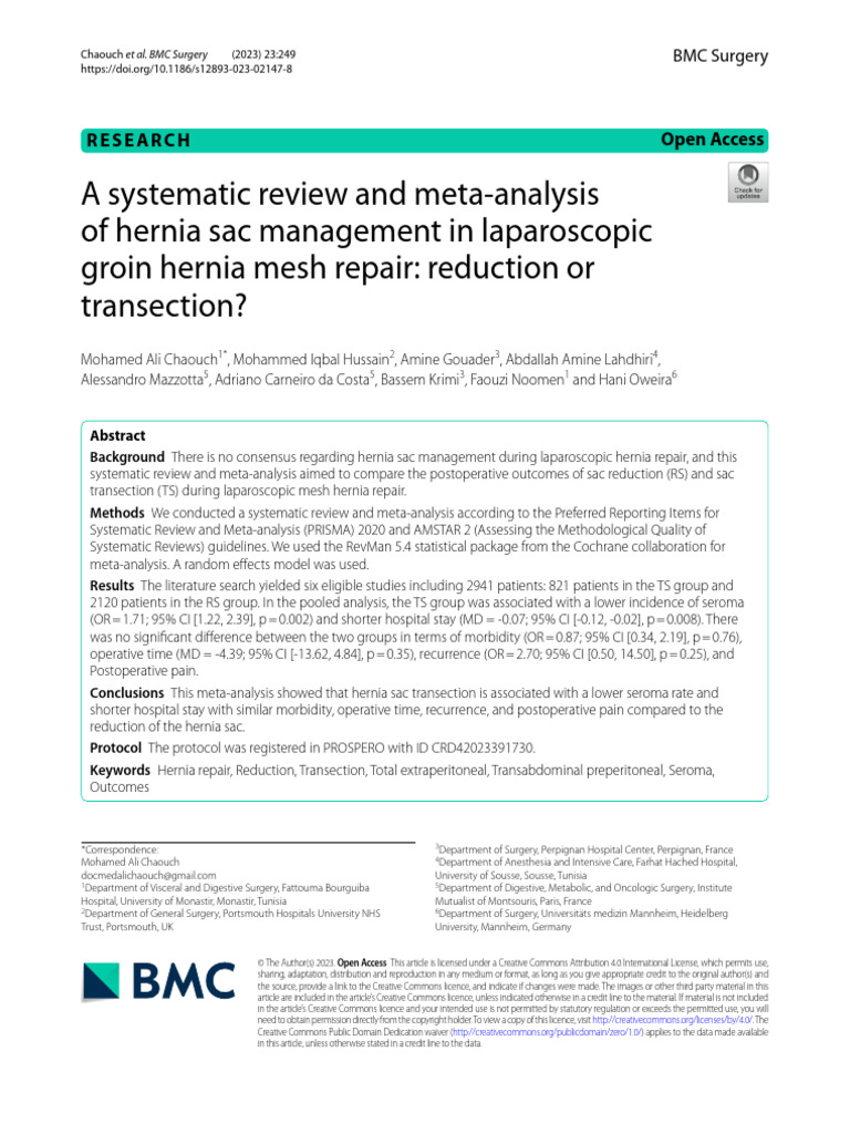 A Systematic Review and Meta-Analysis of Hernia Sac Management in Laparoscopic Groin Hernia Mesh ...