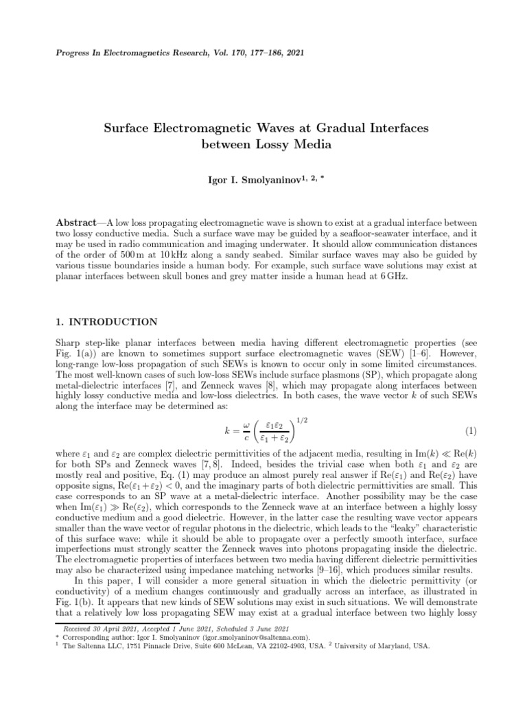 Surface Electromagnetic Waves at Gradual Interfaces Between Lossy Media | PDF | Waves ...