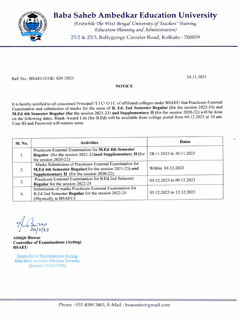 Practicum External Examination Schedule For B Ed and M Ed | PDF