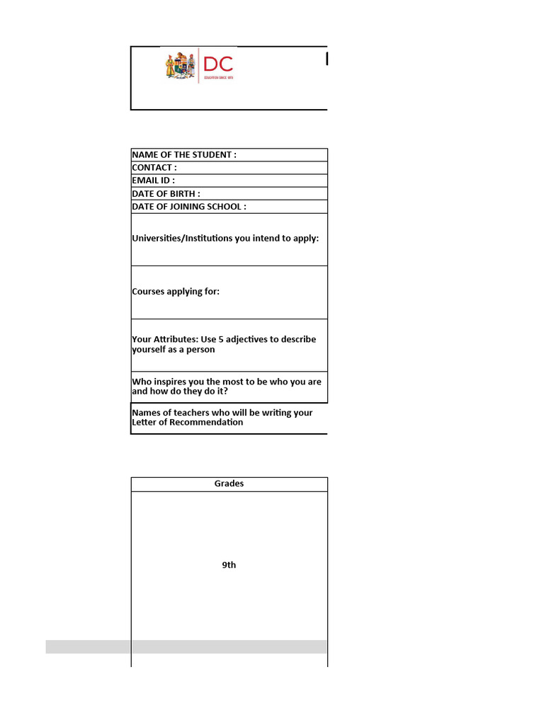 Daly College Brag Sheet Requisition Form For Students Asking For An LOR ...