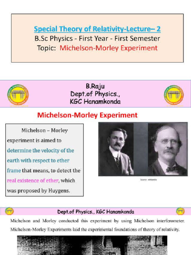 Michelson Morley Experiment BSC Physics I Year Mechanics | PDF