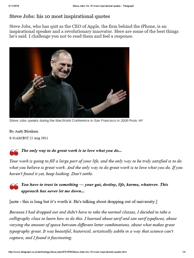 Steve Jobs - His 10 Most Inspirational Quotes - Telegraph | PDF ...