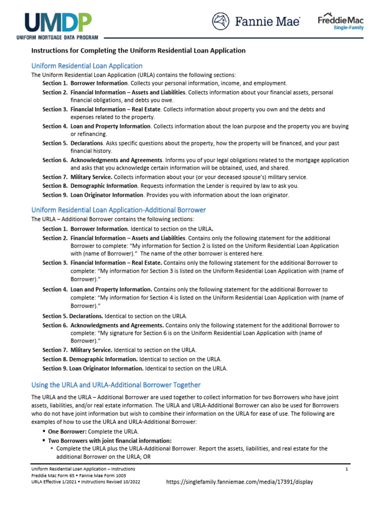 Instructions For Completing Uniform Residential Loan Application ...