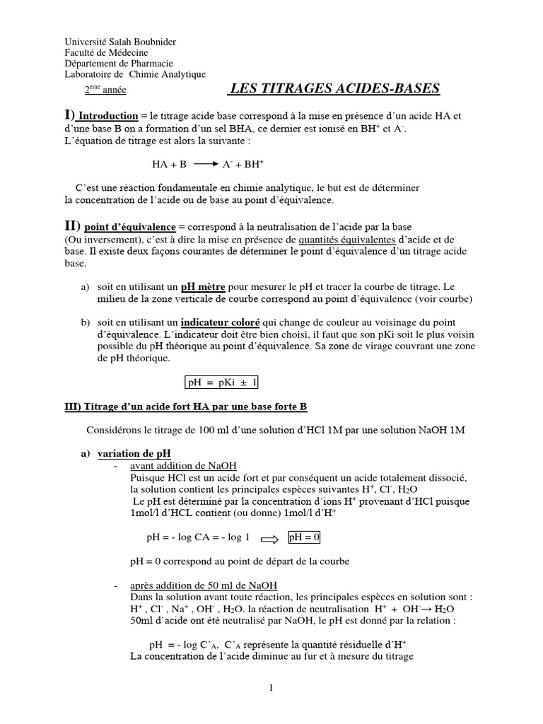 Titrages Acides-Base : Méthodes et Calculs | PDF | Titrage | Chimie