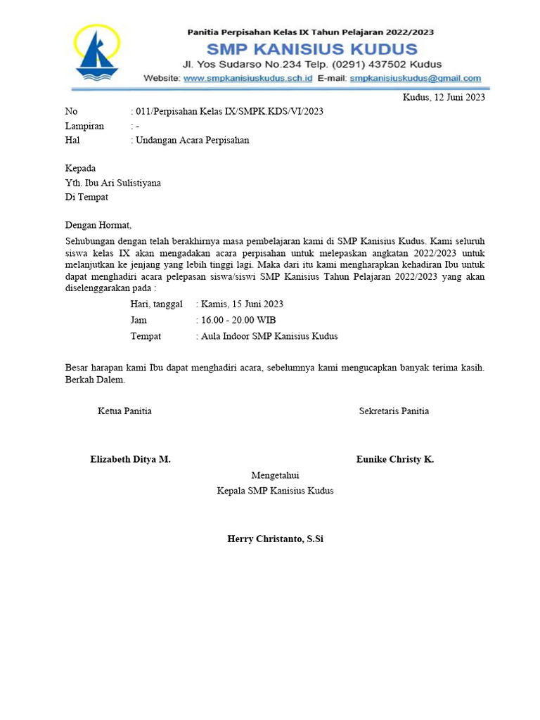 Surat Undangan Perpisahan Bu Ari | PDF