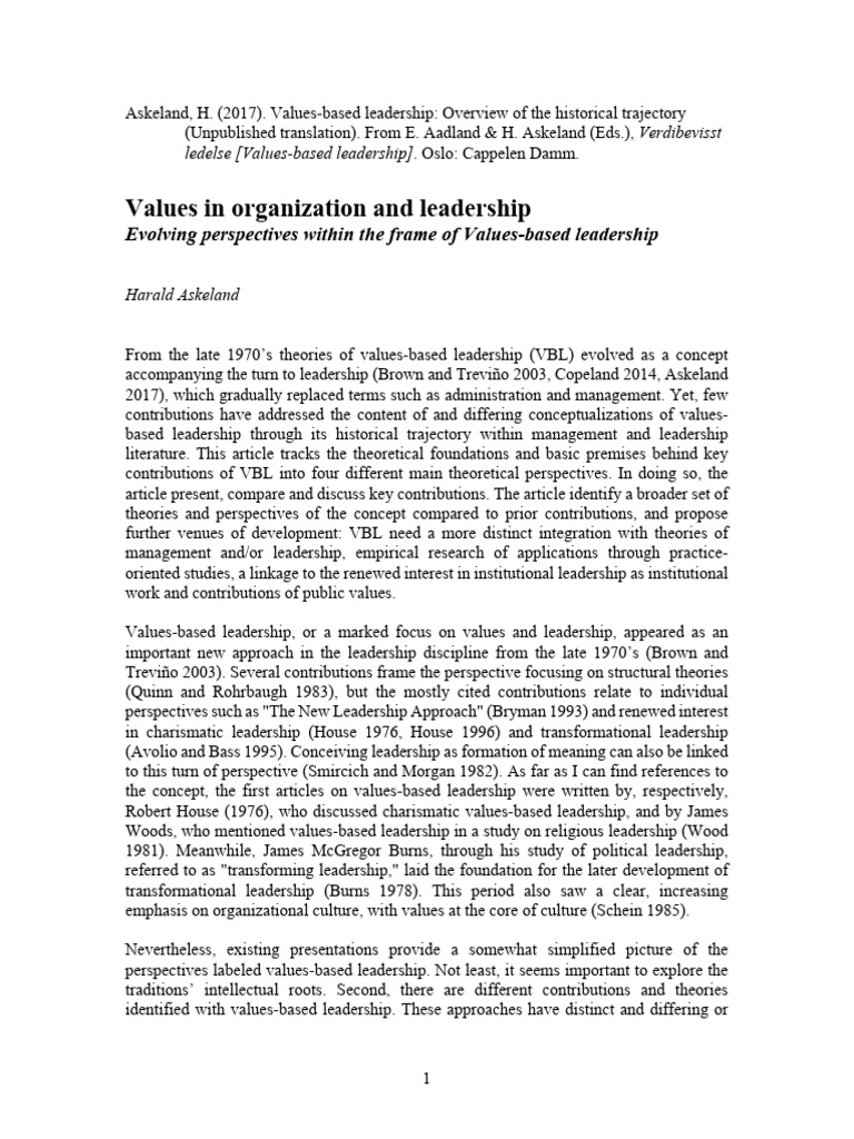 Askeland 2017 Values-Based Leadership. Overview of The Historical ...