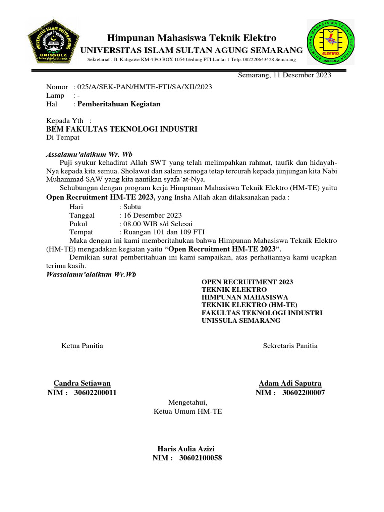 Surat Pemberitahuan Bem Fti | PDF