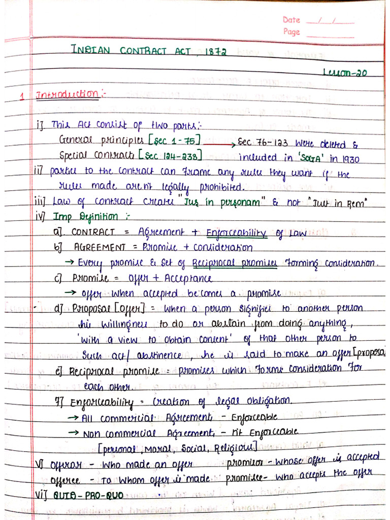 Indian Contract Act 1872 EBCL CS Executive Hand Written Notes | PDF