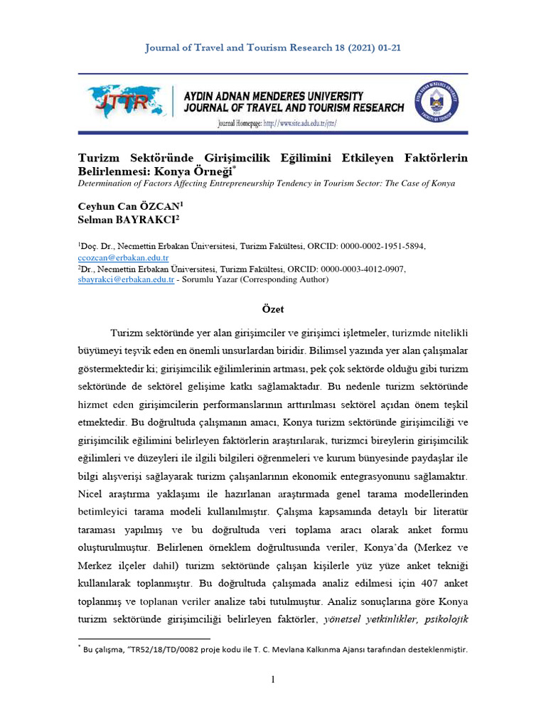 Turizm Sekt R Nde Giri Imcilik E Ilimini Etkileyen Fakt Rlerin Belirlenmesi Konya Rne I (#869868 ...