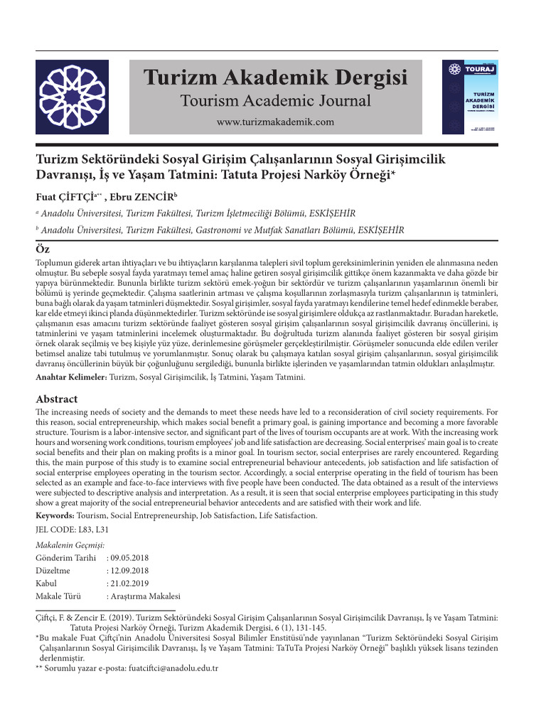 Turizm Sekt R Ndeki Sosyal Giri Im Al Anlar N N Sosyal Giri Imcilik Davran, Ve Ya Am Tatmini ...