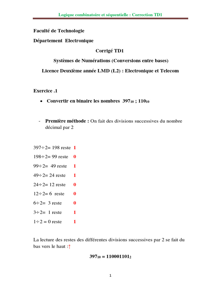 L2-Logique Combinatoire Et sequentielle-TD1-Solution | PDF | Décimal | Mathématiques