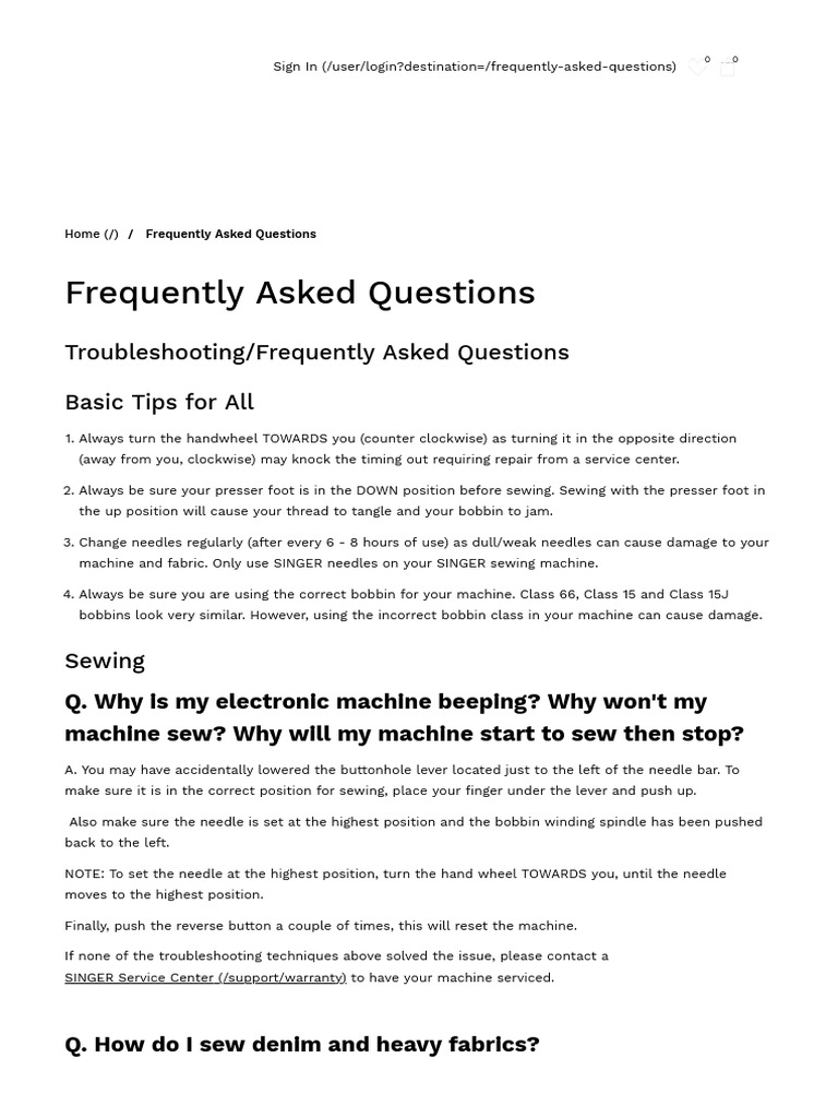 SINGER - Frequently Asked Questions | PDF | Sewing Machine | Sewing