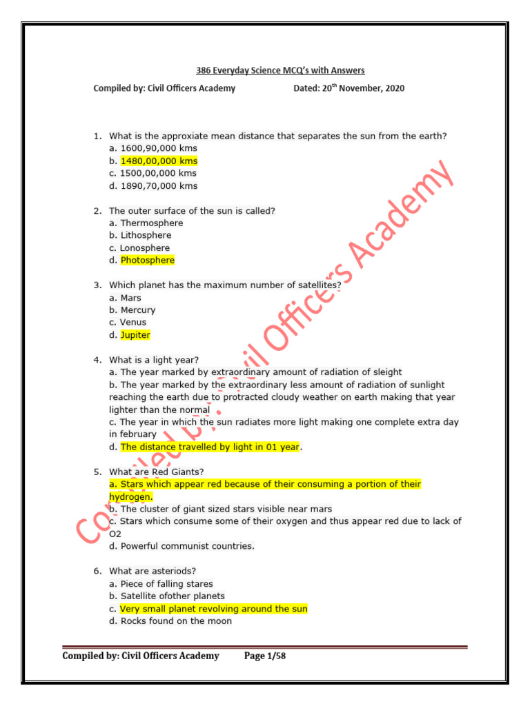 EDS MCQ's (386) With Answers by COA | PDF | Atmosphere Of Earth | Vertebra