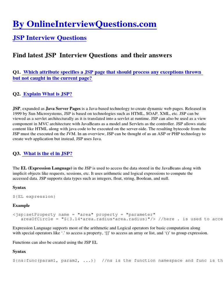 Jsp Interview Questions Pdf Java Programming Language Software Development
