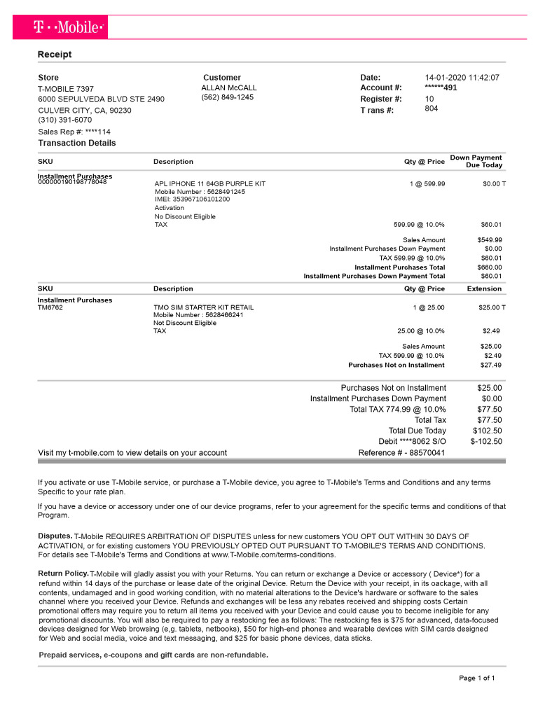 T-Mobile Invoice Iphone 11 64gb Purple | PDF | Receipt | Business
