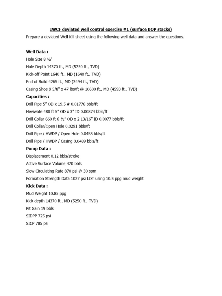 Deviated Well Data For Kill Sheet | PDF | Casing (Borehole) | Chemical ...