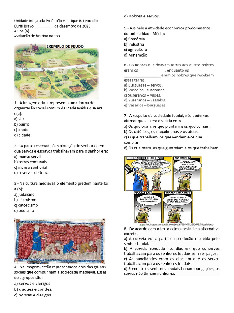 Avalia. Histo 6º Ano | PDF | Servidão | Feudalismo