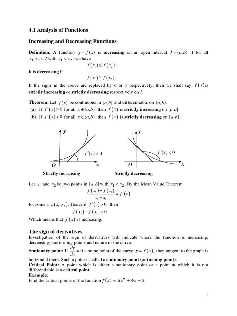 4.1 Analysis of Functions Increasing and Decreasing Functions | PDF ...