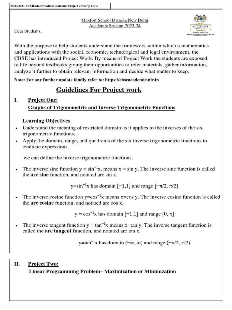 Maths XII - Project Work Guidelines | PDF | Art