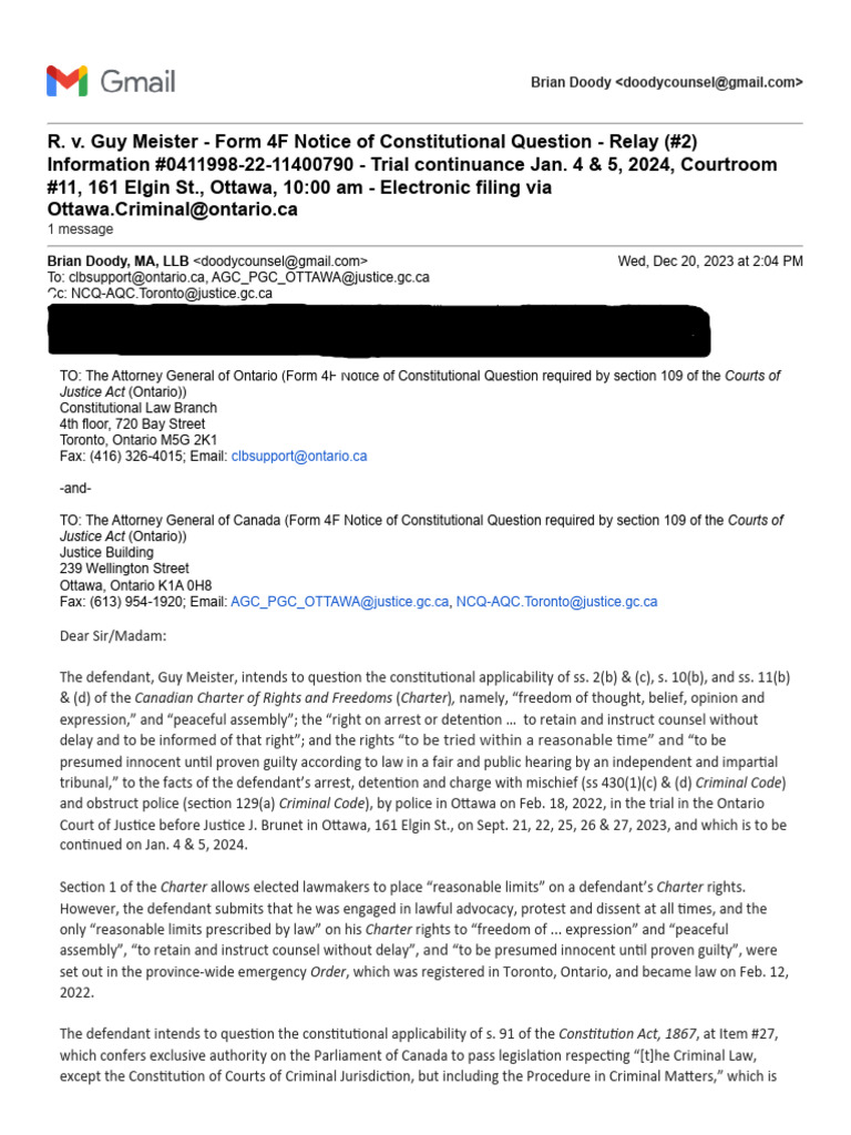 R. v. Guy Meister - Form 4F Notice of Constitutional Question ...
