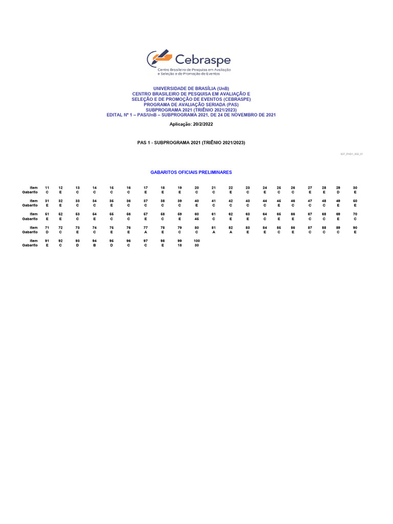 Gabarito PAS 1 2021 Parte II | PDF