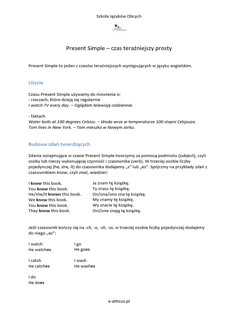 Present Simple Użycie Budowa Ćwiczenia | PDF