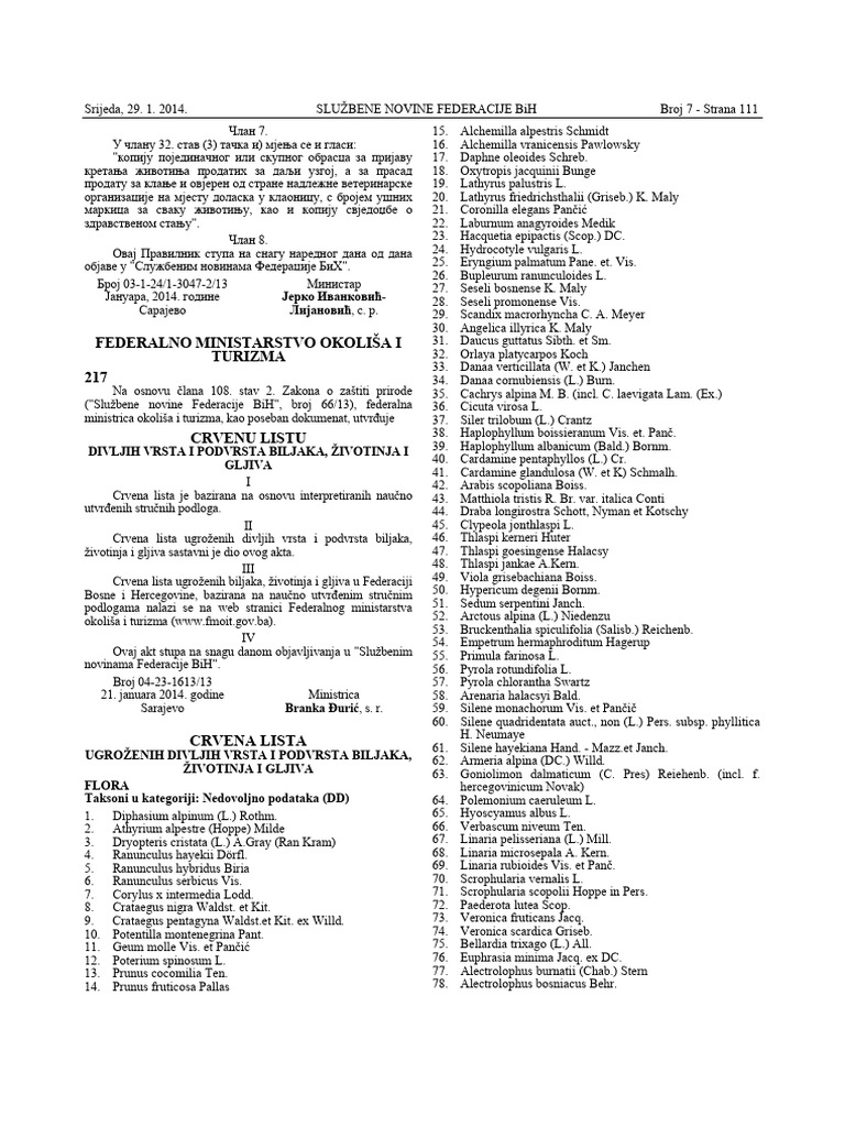 Crvena Lista Ugroženih Divljih Vrsta I Podvrsta Biljaka, Životinja I Gljiva (Službene Novine ...