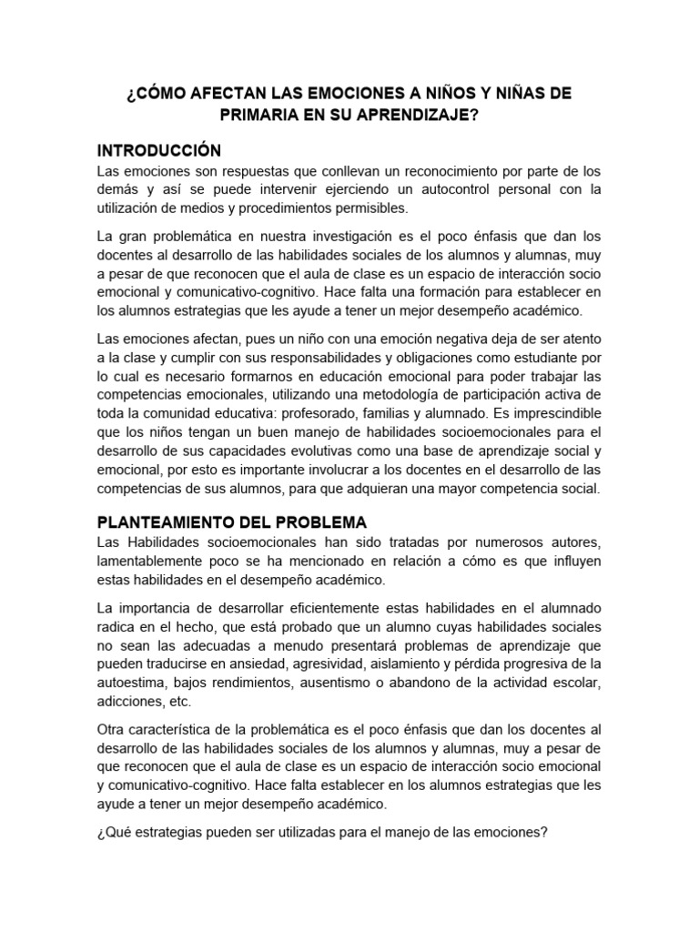 Cómo Afectan Las Emociones A Niños y Niñas de Primaria en Su Aprendizaje - 125538 | PDF | Las ...